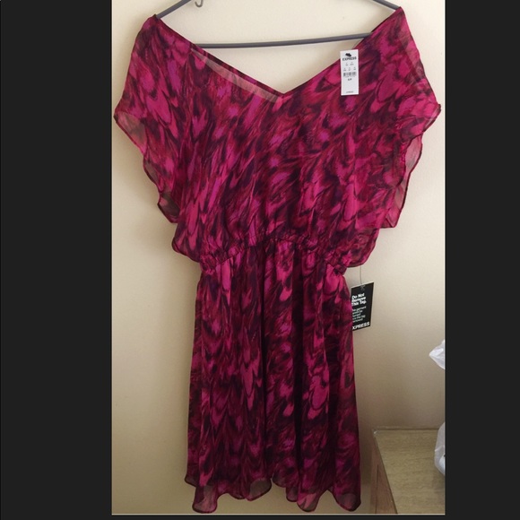 Express | Dresses | 2 2 Express Chiffon Dress Pink Feather Print | Poshmark